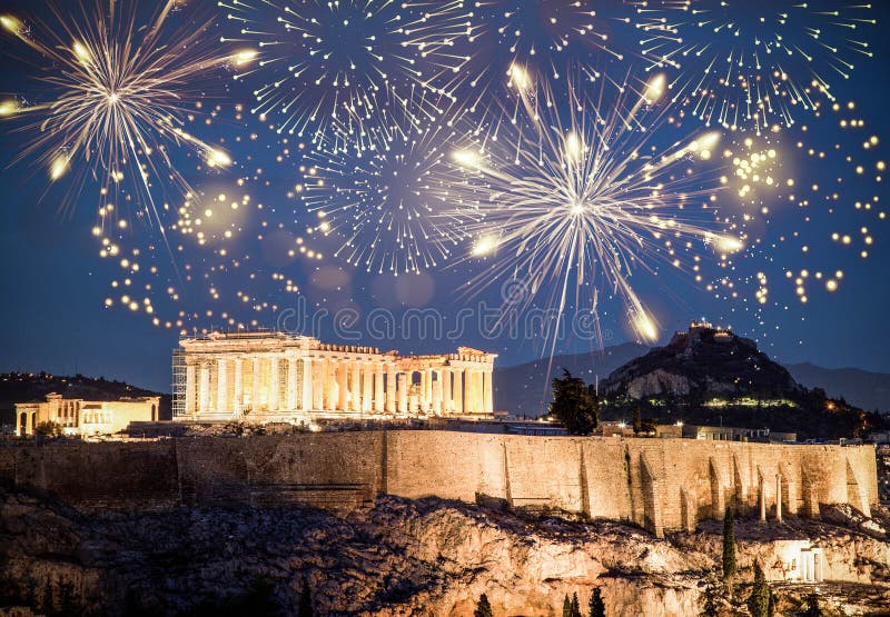 Fireworks Display Over Athens Happy New Year Stock Image - Image of ...