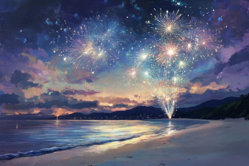 Fireworks Display Over a Beach at Dusk Stock Illustration ...