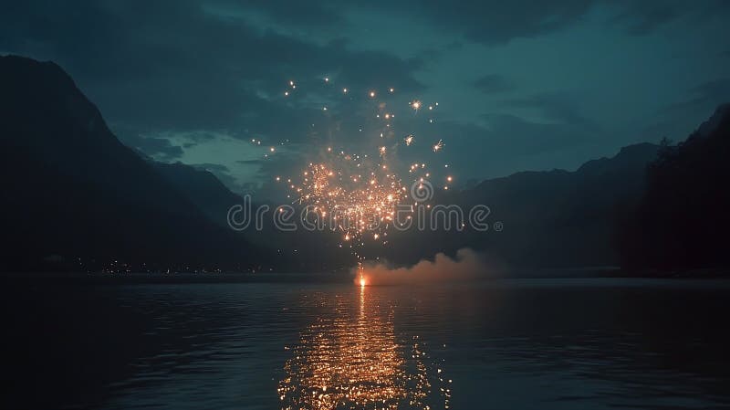 Fireworks Display Over Calm Lake at Night, Mountains in Background ...