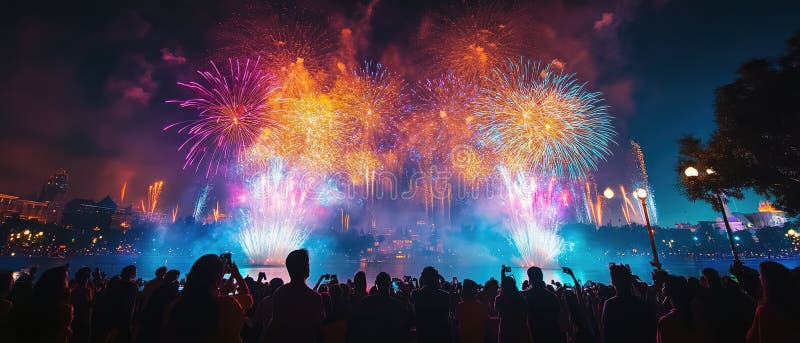 "FIREWORKS DISPLAY OVER CROWD of PEOPLE at NIGHT" Stock Illustration ...