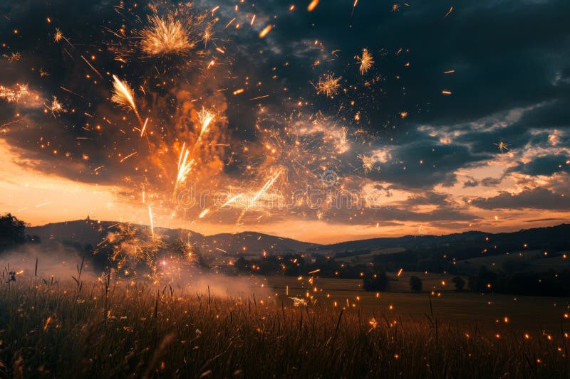 Fireworks Display Over a Field at Sunset Stock Illustration ...