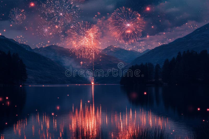 Fireworks Display Over a Lake and Mountains at Night Stock Illustration ...