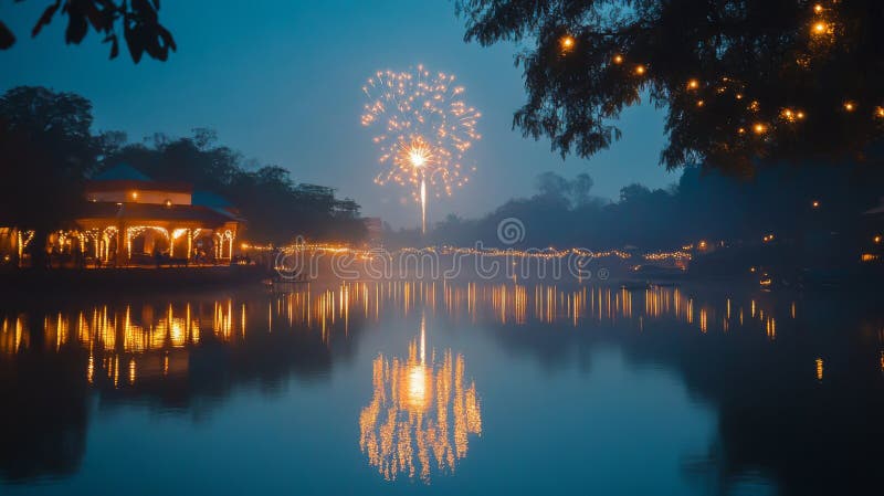 Fireworks Display Over a Lake at Night with Lights and Reflections ...