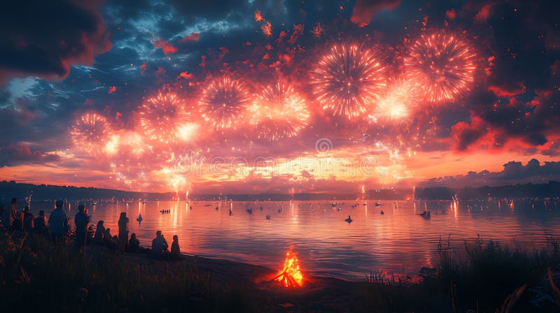 Fireworks Display Over Lake at Sunset, People Watching from Shore with ...