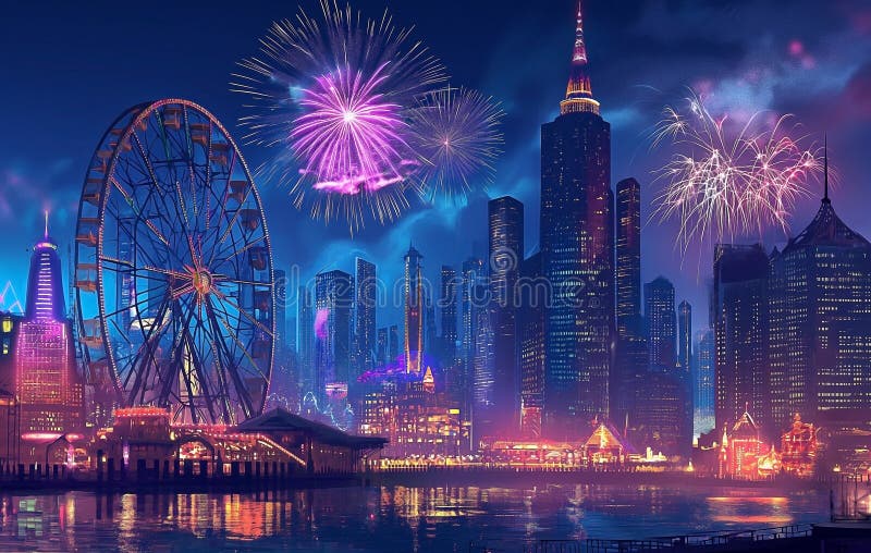 Fireworks Display Over the Roller Coaster and Ferris Wheel on the ...