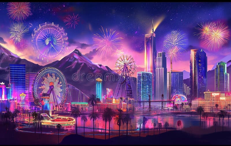 Fireworks Display Over the Roller Coaster and Ferris Wheel on the ...