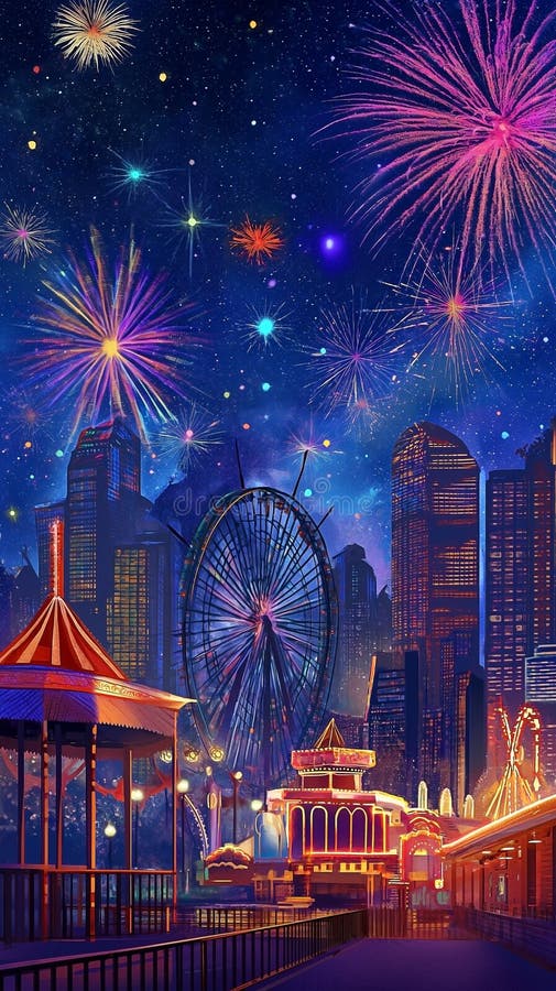 Fireworks Display Over the Roller Coaster and Ferris Wheel on the ...