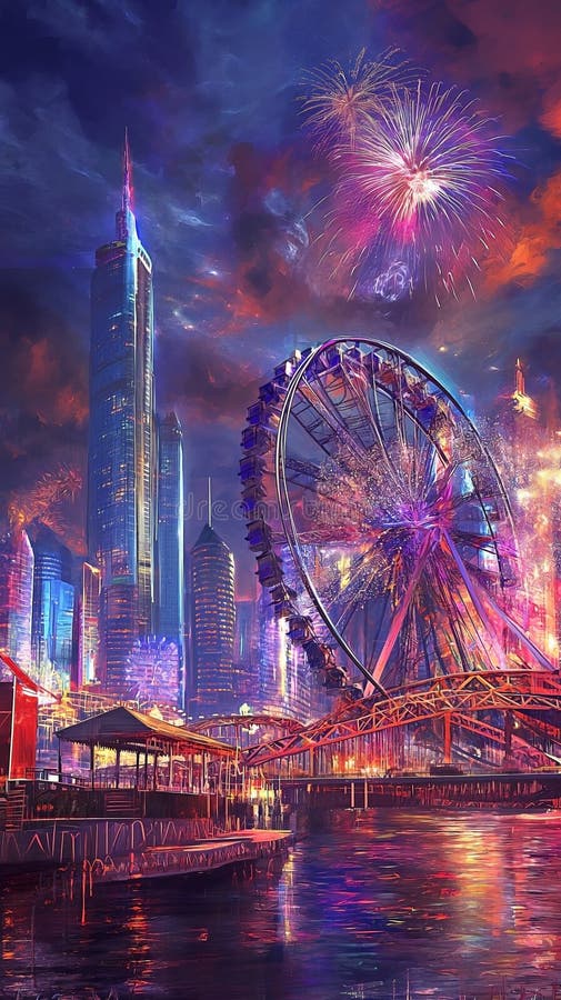Fireworks Display Over the Roller Coaster and Ferris Wheel on the ...