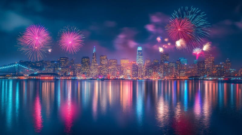 Fireworks Display Over San Francisco Skyline at Night Stock ...