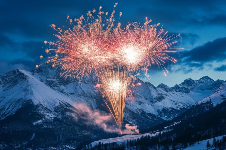 Fireworks Display Over Snowy Mountain Range at Night Stock Illustration ...