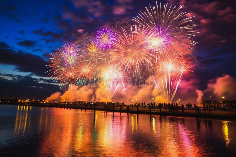 Fireworks Display Reflecting in Sea Water, Generative Ai Stock ...