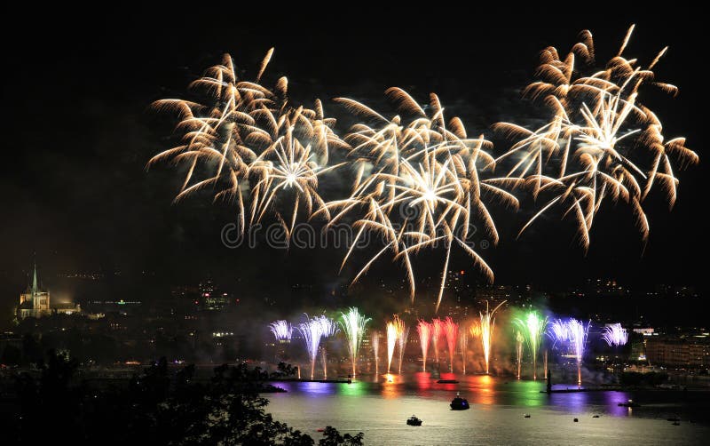 Fireworks Display with Silver Sky Over Geneva Stock Photo - Image of ...