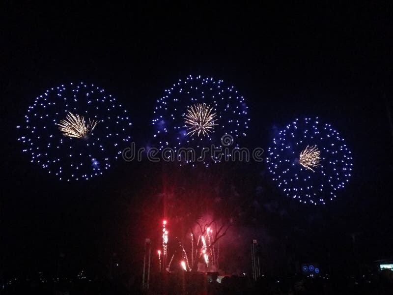 Fireworks Display: Three is a Company Stock Photo - Image of recreation ...