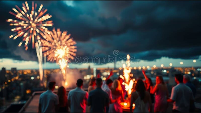 Fireworks Display Viewed from Rooftop Celebration Generated Stock ...