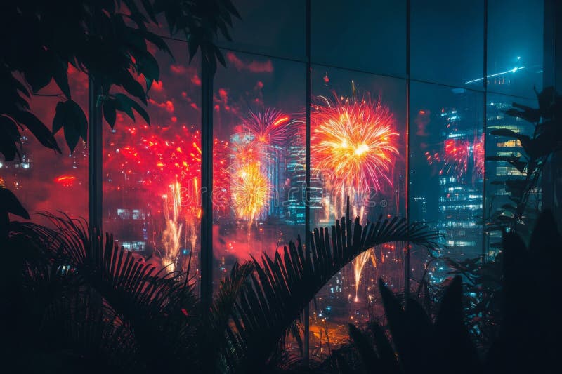 Fireworks Display Viewed through a Window with Silhouettes of Palm ...