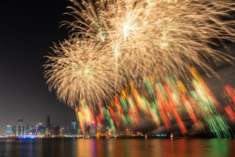 Fireworks in the Doha Corniche, Doha, Qatar. Stock Photo - Image of ...