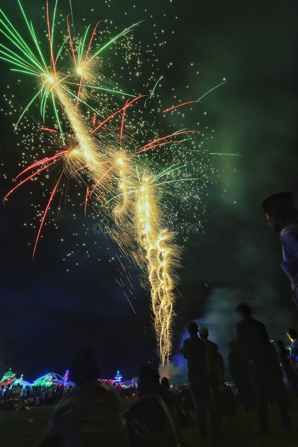 Fireworks at the Eid Al-Fitr Event in Cursed Village, Indonesia Stock ...
