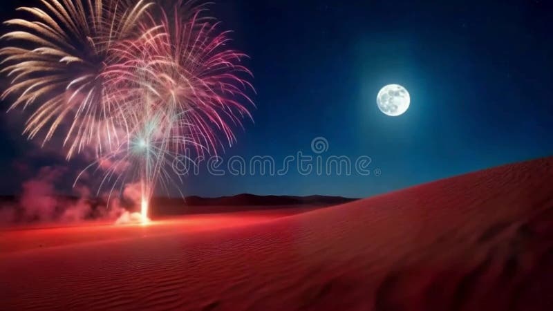 Fireworks in an Empty Desert Under a Full Moon Stock Video - Video of radiant, show: 349290783