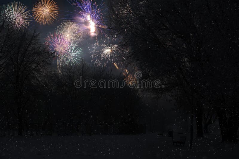 Fireworks at the End of the Year, View from the Park in the Snow Stock ...