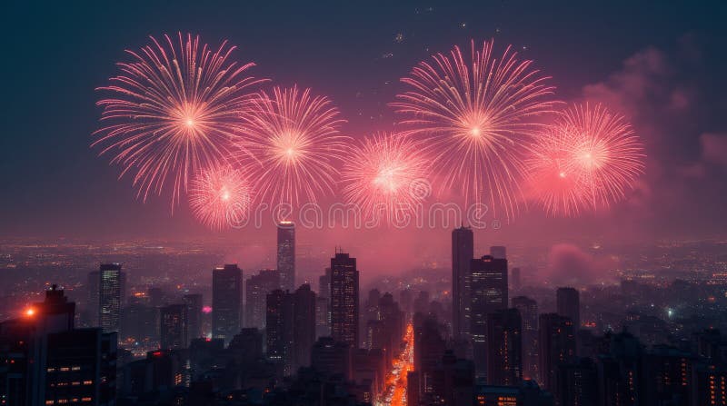 Fireworks Explode Above a Digital Cityscape, Merging Technology and ...