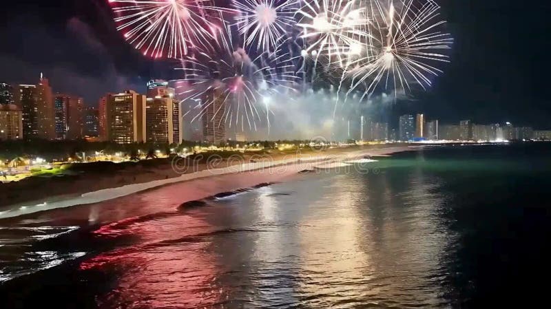 Fireworks Explode Above Oceanfront City Skyline during Nighttime ...