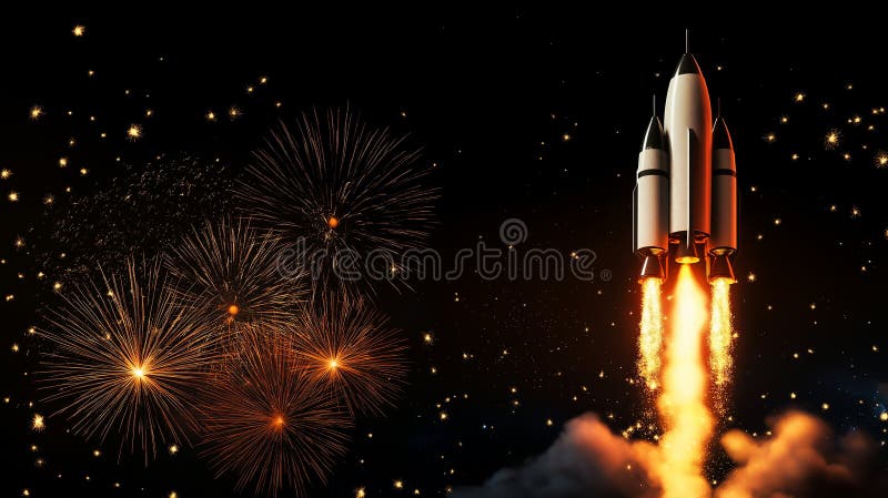 Fireworks Explode Alongside a Rocket Launching into the Night, Filled ...