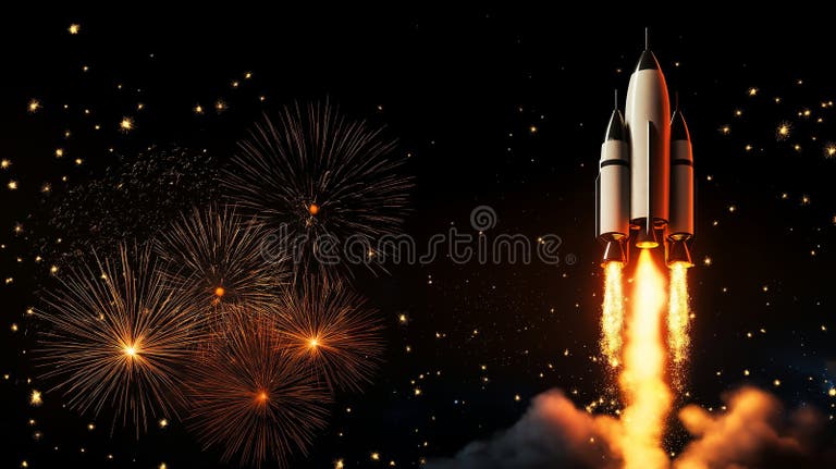 Fireworks Explode Alongside a Rocket Launching into the Night, Filled ...