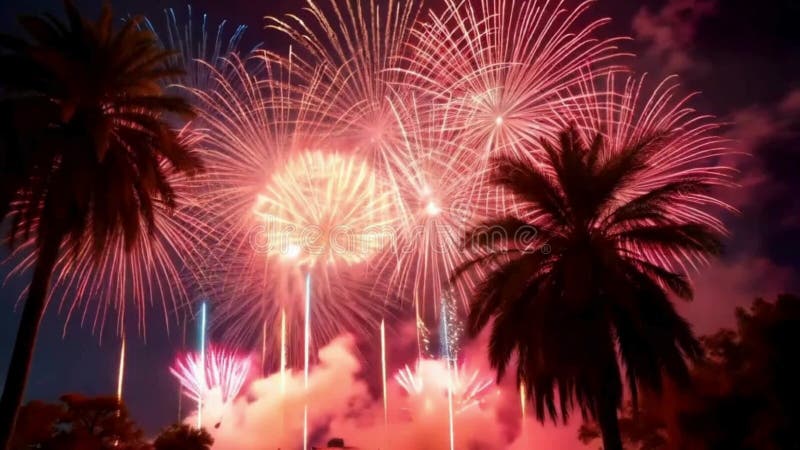 Fireworks Exploding in a Cascade Above Palm Trees Stock Video - Video ...