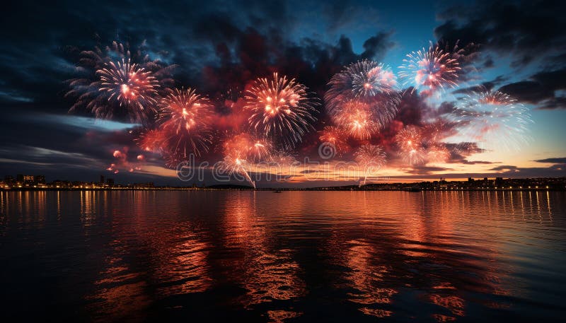 Fireworks Explode in the Night Sky, Illuminating the Cityscape with ...