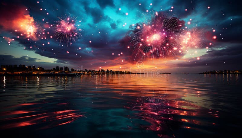 Fireworks Explode in the Night Sky, Illuminating the Vibrant Cityscape Generated by AI Stock ...