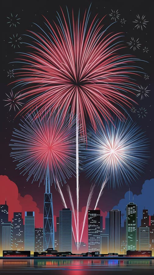 Fireworks Explode in Night Sky Over City Skyline, Vibrant Urban ...