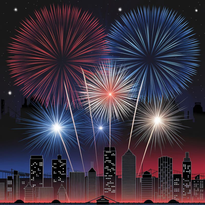 Fireworks Explode in Night Sky Over City Skyline, Vibrant Urban ...