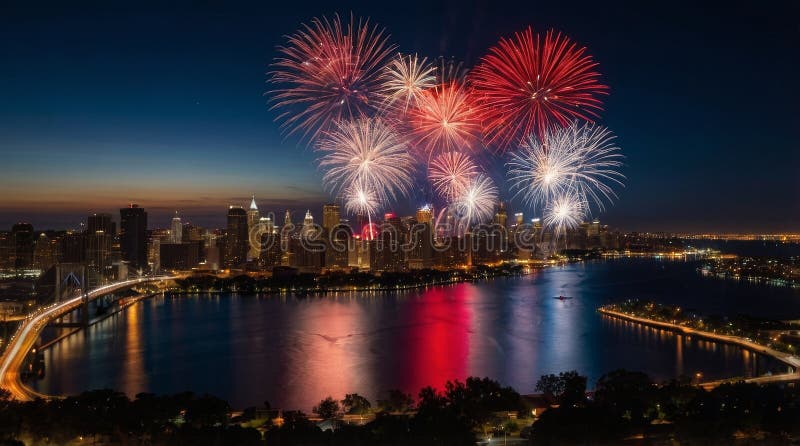 Hyper-Realistic Fireworks Over City Skyline Reflected in Water on ...