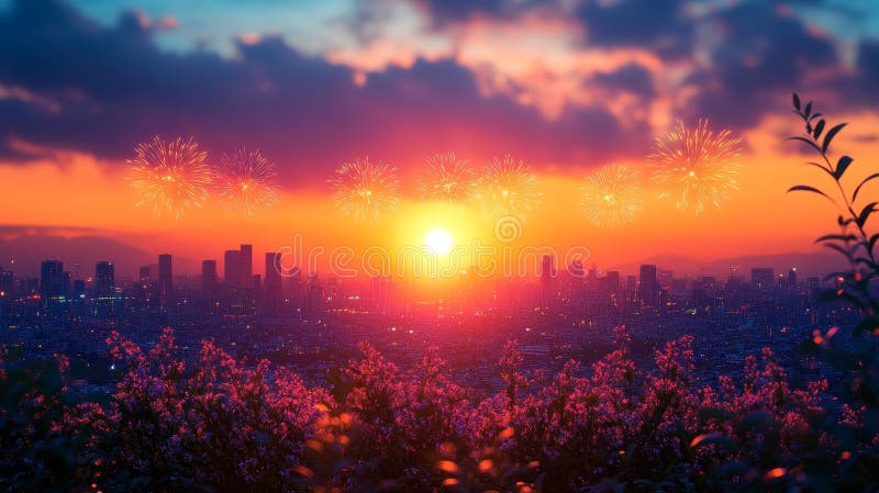 Fireworks Explode Over a City Skyline at Sunset Stock Illustration ...