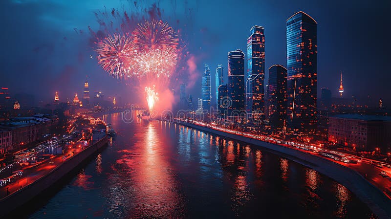 Fireworks Explode Over Cityscape at Night, Reflecting in River Stock ...