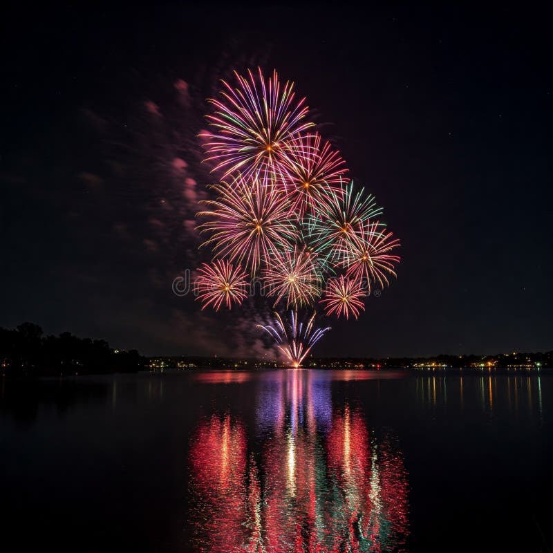 Fireworks Exploding Over a Calm Lake, Reflection Shimmering in the ...
