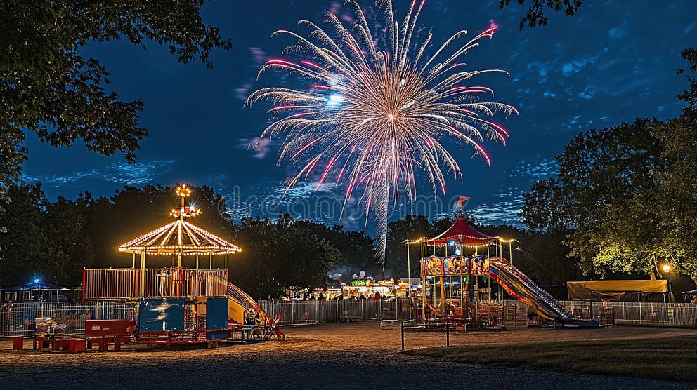 Fireworks Explode Over Summer Carnival Playground at Night Stock ...