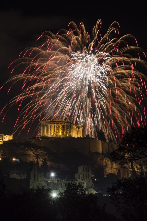 Fireworks Explode Over the Temple of Acropolis in Athens Stock Image ...