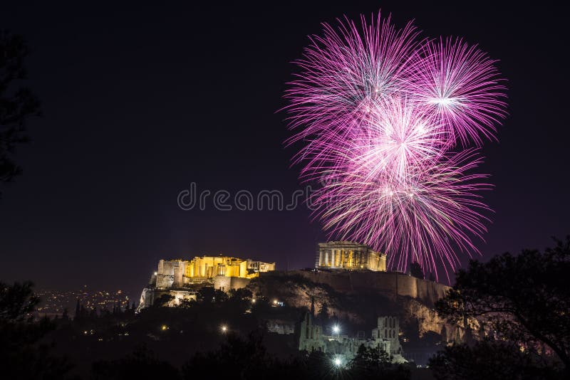 Fireworks Explode Over the Temple of Acropolis in Athens Stock Photo ...