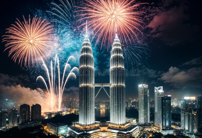 Fireworks Explode in the Skyline Over Petronas Tower Kuala Lumpur ...