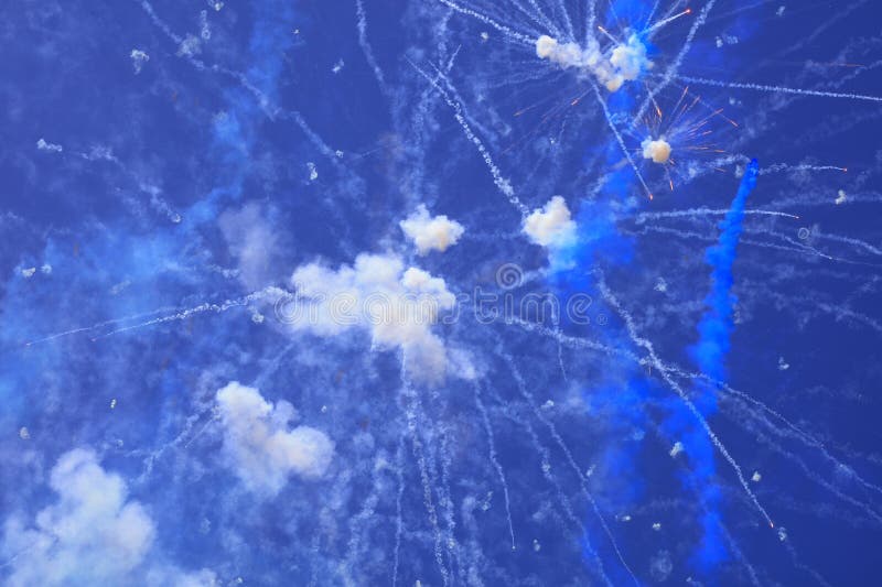 Fireworks Explode, Smoke in the Blue Sky Stock Image - Image of ...
