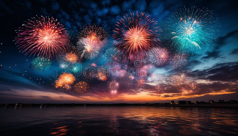 Fireworks Explode in Vibrant Colors, Illuminating the Summer Night Sky ...