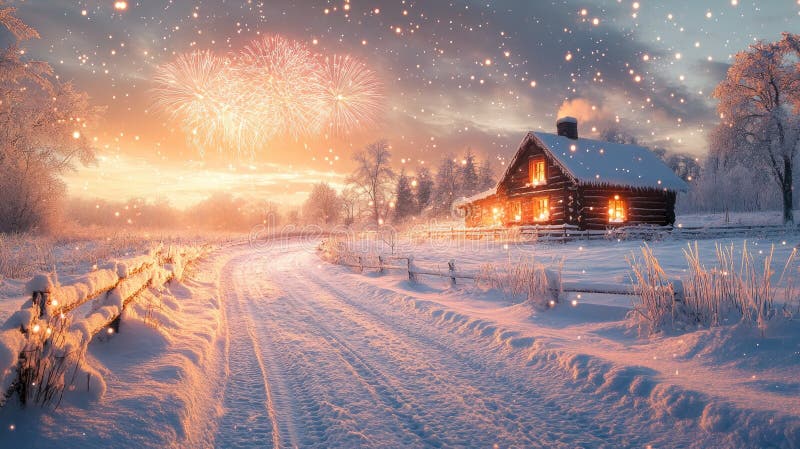 Fireworks Exploding Above Cozy Log Cabin in Snow Covered Forest Stock ...