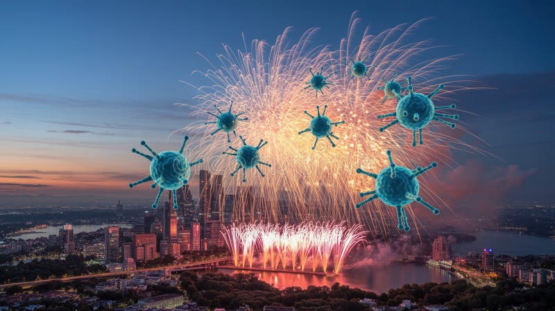 Fireworks Exploding Behind Virus Cells Over Cityscape at Dusk Stock ...