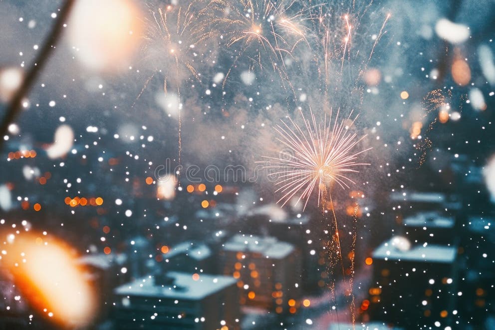 Fireworks Exploding in the Night Sky Above a Snowy City, Illuminated by ...