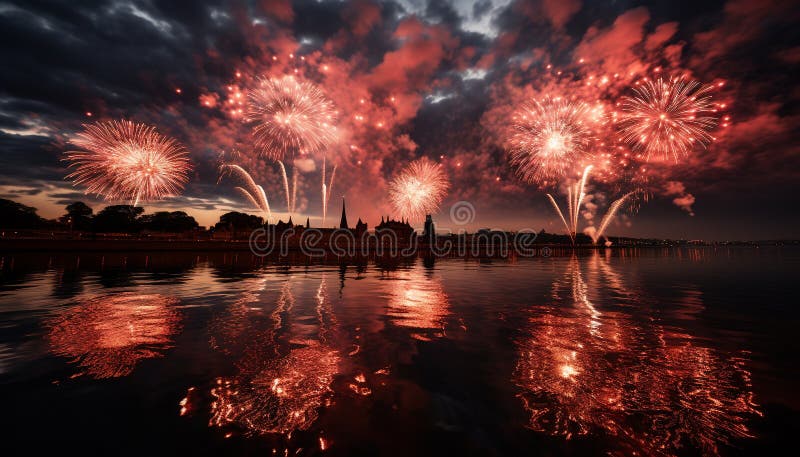 Fireworks Exploding in the Night Sky, Illuminating the Cityscape with ...