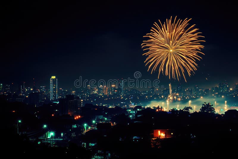 Fireworks Exploding in the Night Sky during a Party in a Big City Stock ...