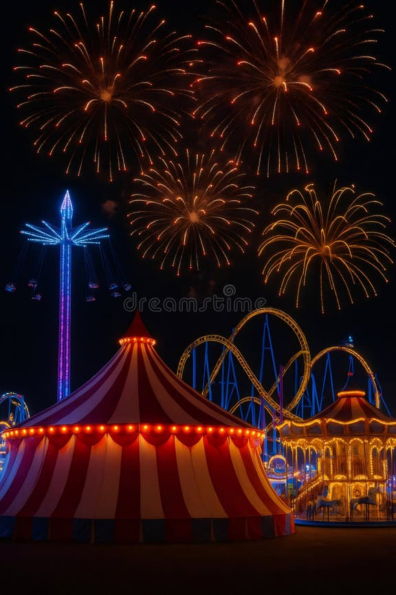 Fireworks Exploding Over Amusement Park with Circus Tent, Roller Coaster and Carousel at Night ...