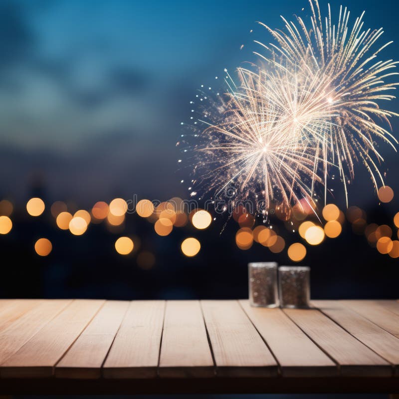 Fireworks Exploding Over City Skyline with Empty Wooden Tabletop Ready ...