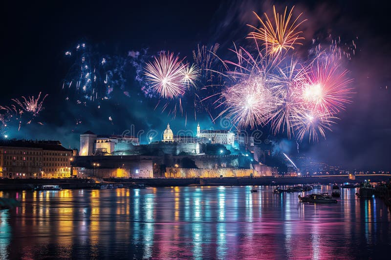 Fireworks Exploding Over Bratislava Castle and Danube River at Night ...